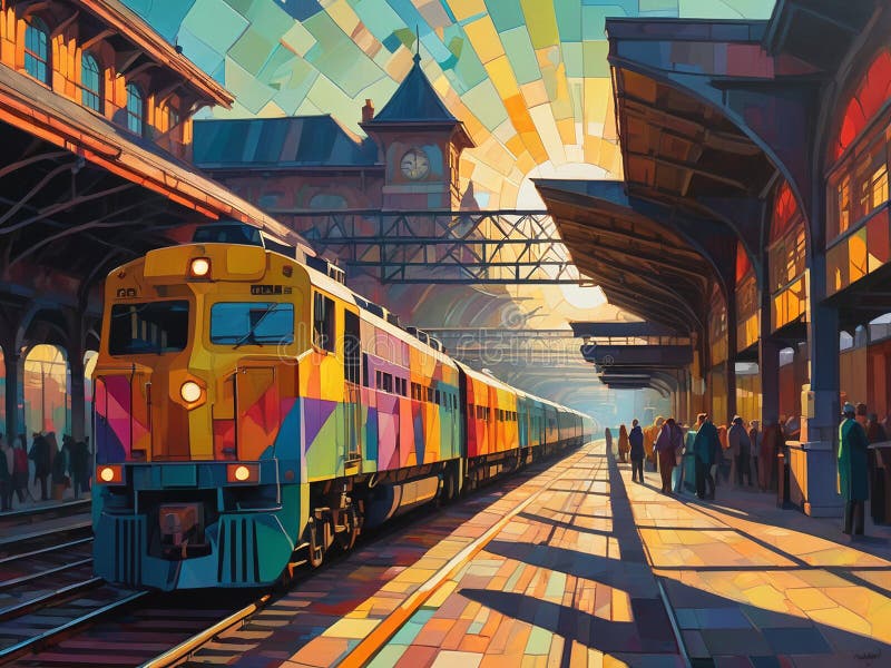 Cubist Painting of a Backlit Train Station with Bright Colors and ...