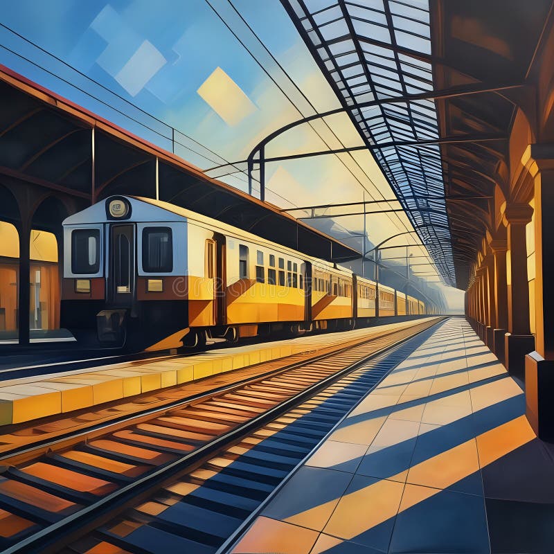 Cubist Painting of a Backlit Train Station with Bright Colors and ...