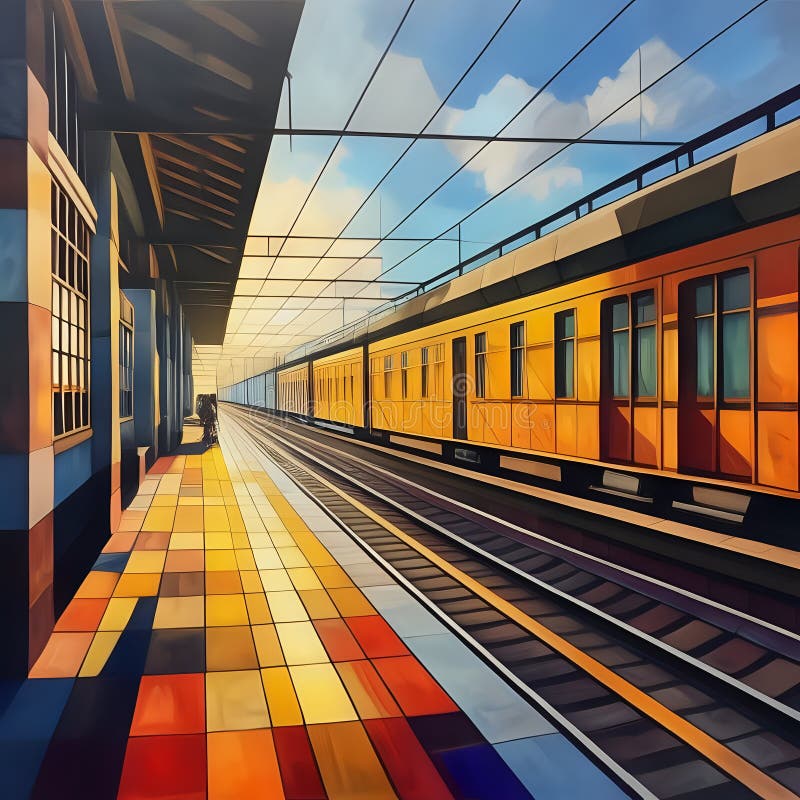 Cubist Painting of a Backlit Train Station with Bright Colors and ...