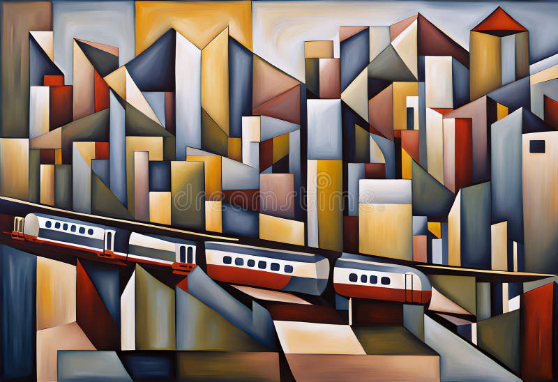 Cubist Style Abstract Painting of an Train and Track in an Urban ...