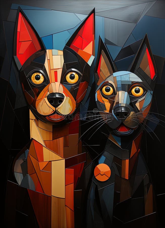 Cubist Style Drawing of a Couple of Cats Stock Illustration ...