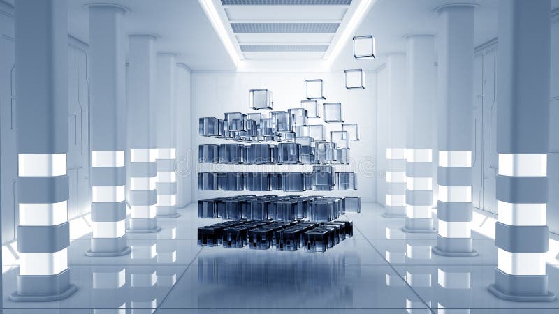 Cubo nella stanza virtuale fotografia stock. Immagine di metallico - 64695546