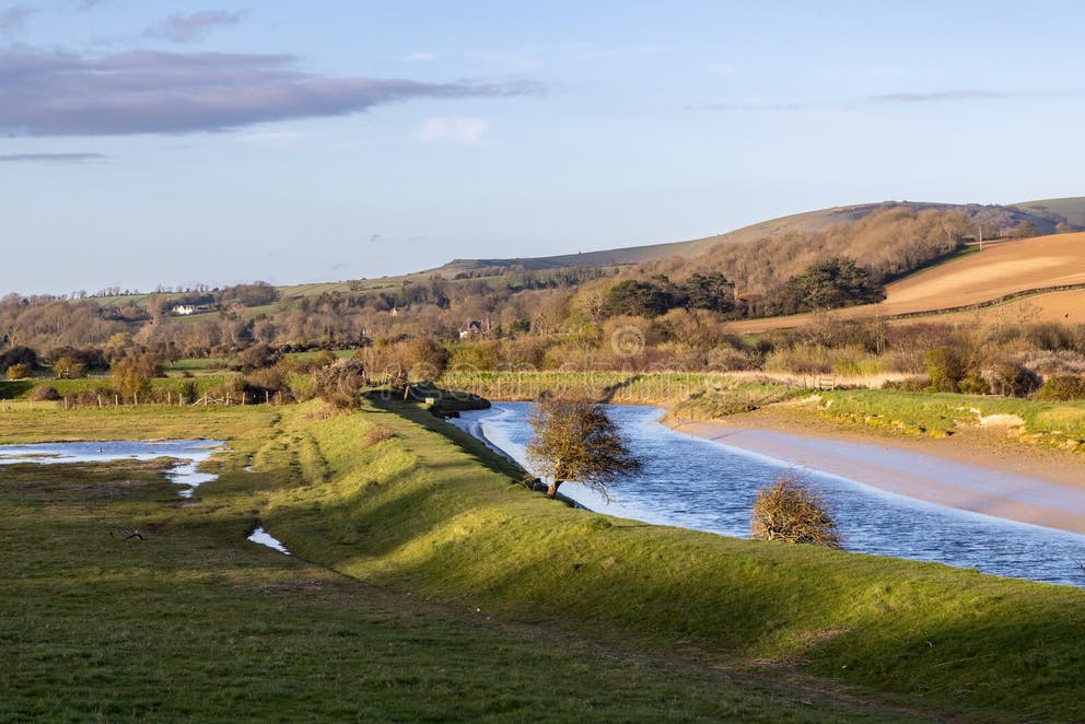 The Cuckmere River in the South Downs, with Spring Evening Light Stock ...