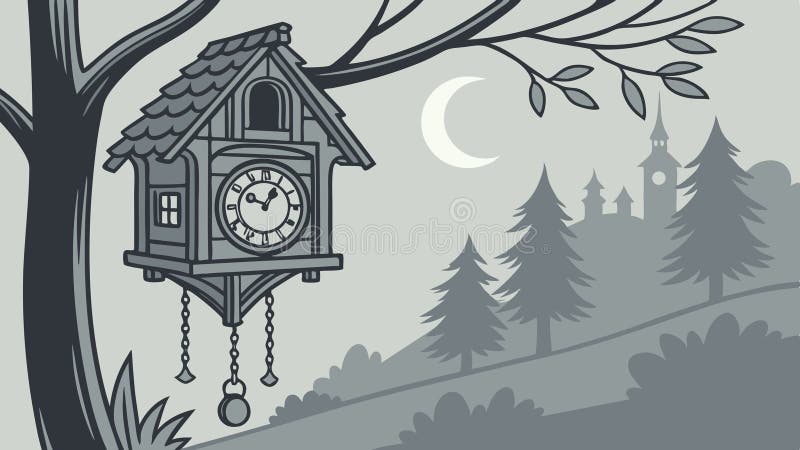 Cuckoo Clock Moonlit Forest Vector: Enchanted Time, Vector Design ...