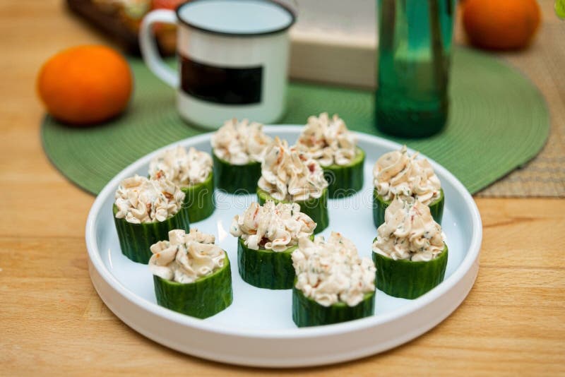 Cucumber Canape Stuffed with Crab Meat and Cream Cheese with Walnuts ...