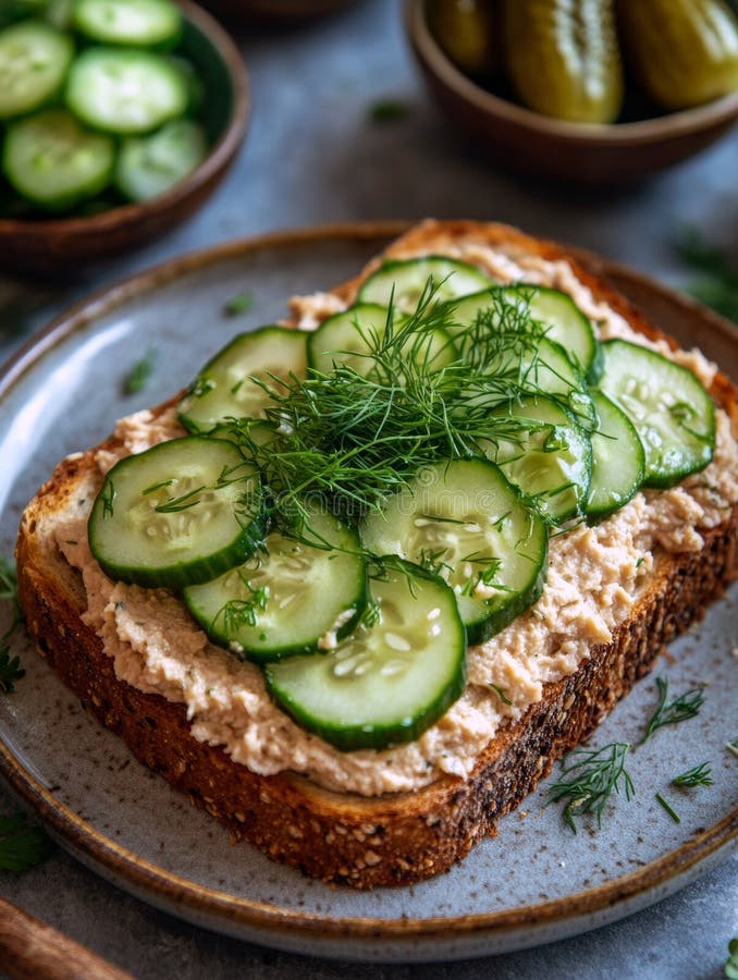 Cucumber and Dill Open-faced Sandwich with Creamy Spread on Whole Grain ...