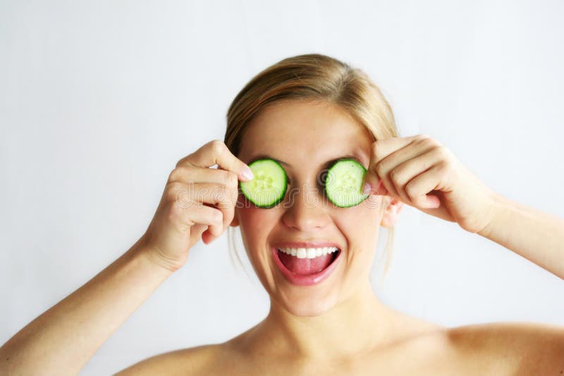 Beautiful Woman with Facial Mask of Cucumber Slices on Face Stock Photo ...