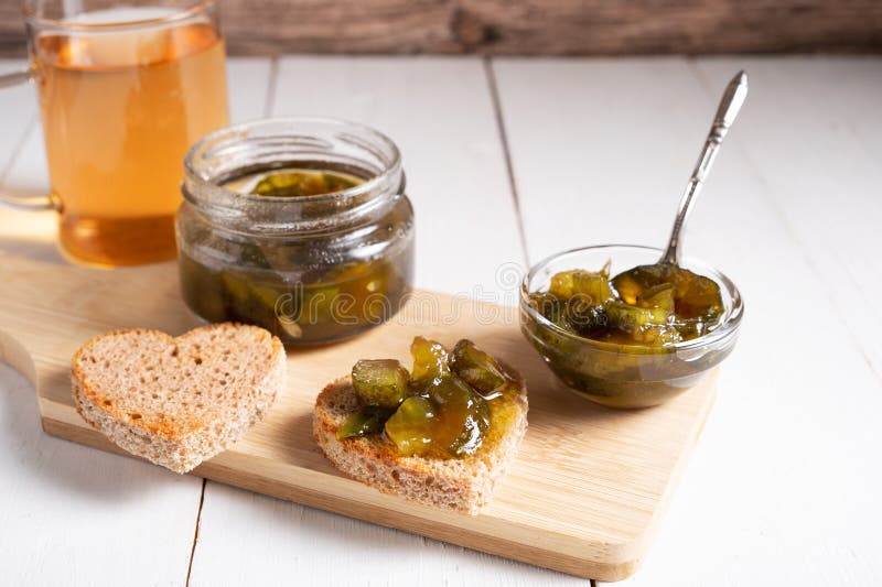 Cucumber Jam on Bread in the Form of a Heart. Delicious and Healthy ...