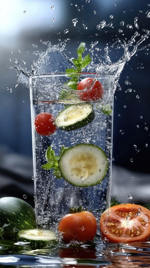 Cucumber Slices and Cherry Tomatoes Splash into Clear Water, Creating a ...