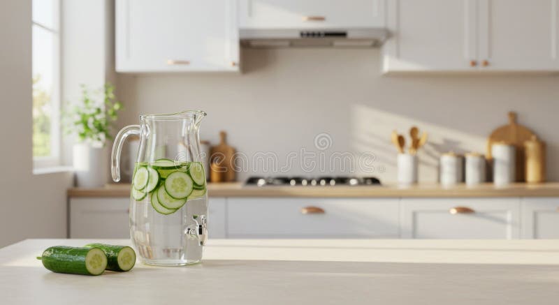 Cucumber Water in Glass Pitcher on Kitchen Counter Stock Illustration ...