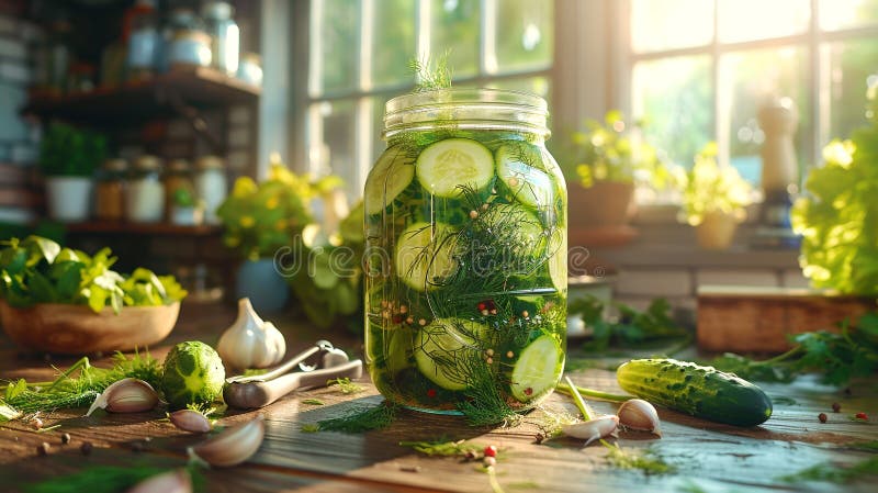 Cucumbers Soaking in Brine with Garlic and Herbs on a Sunny Kitchen ...