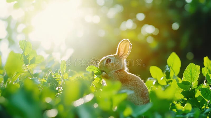 Cuddly Rabbit Munching on Fresh Leafy Greens in a Serene Garden Setting ...