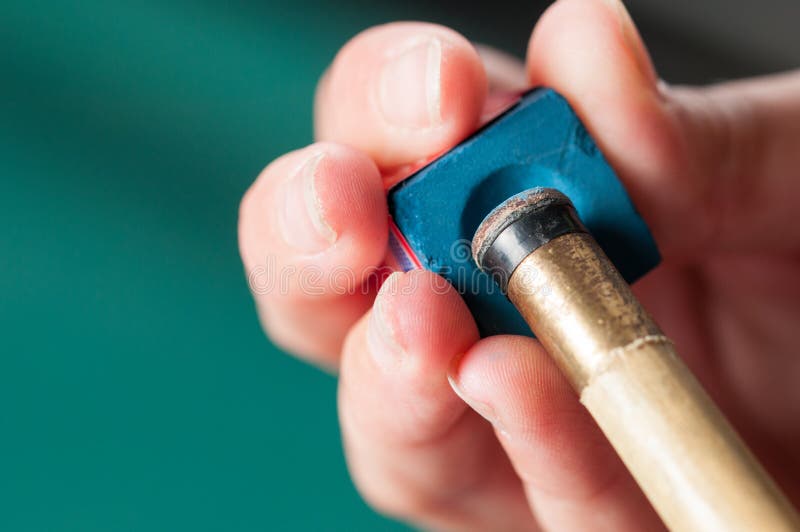 Cue Stick with Chalk Block on Green Billiard Table.Chalk Block on Pool ...