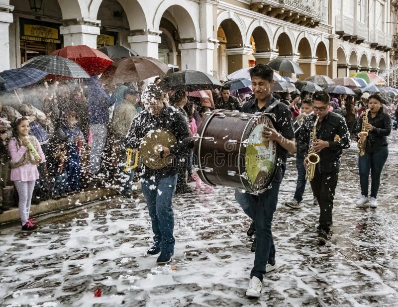 Cuenca, Ecuador, Feb 8, 2018: Parade Goers Happy in Foam Spray ...