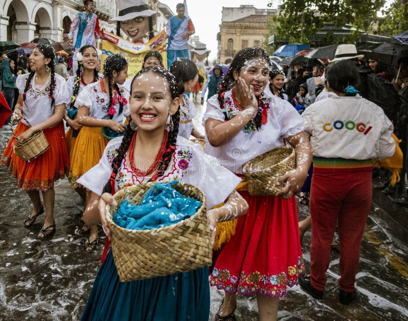 Cuenca, Ecuador, Feb 8, 2018: Parade Goers Happy in Foam Spray ...