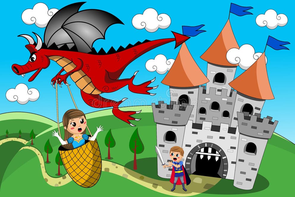 Cuento De Dragon Kidnapping Princess Prince Castle Ilustración del ...