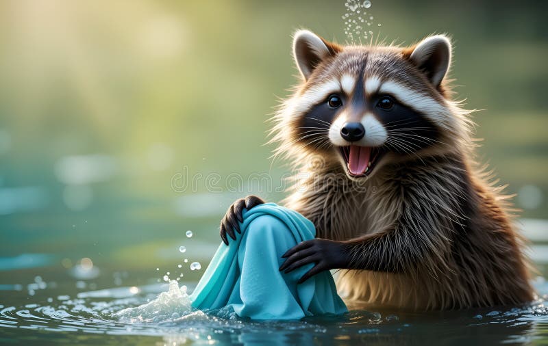 Cutest Raccoon Washing Cloth in Lake. Digital Artwork Stock ...