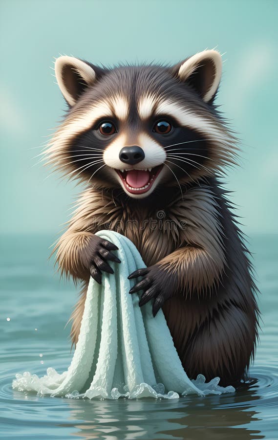 Cutest Raccoon Washing Cloth in Lake. Digital Artwork Stock ...