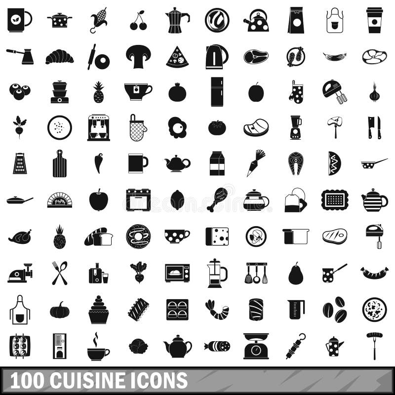 100 Cuisine Icons Set, Simple Style Stock Vector - Illustration of ...
