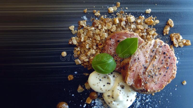 Culinary Art Featuring a Beautifully Plated Meat Dish with Garnishes in ...