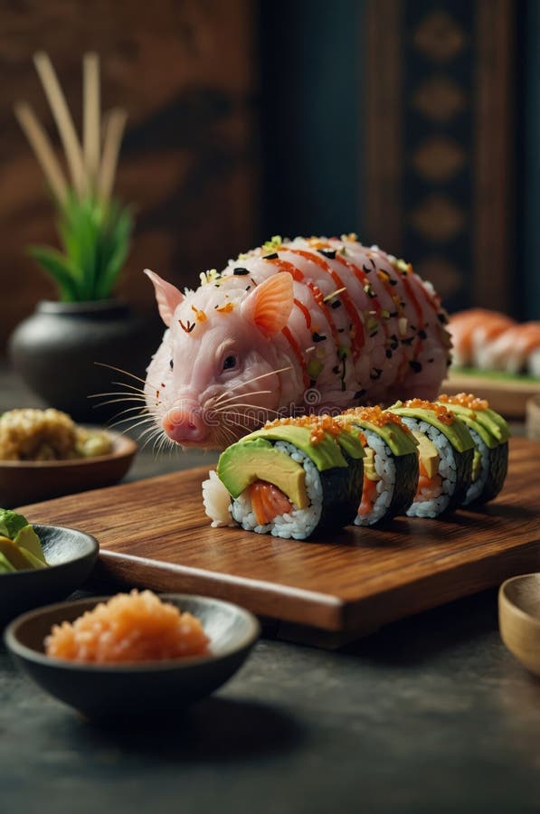 Adorable Sushi Pig Shaped Dish with Salmon Avocado Rolls Stock ...