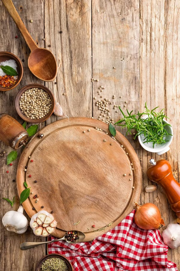 Culinary Background With Empty Cutting Board And Spices Stock Photo ...