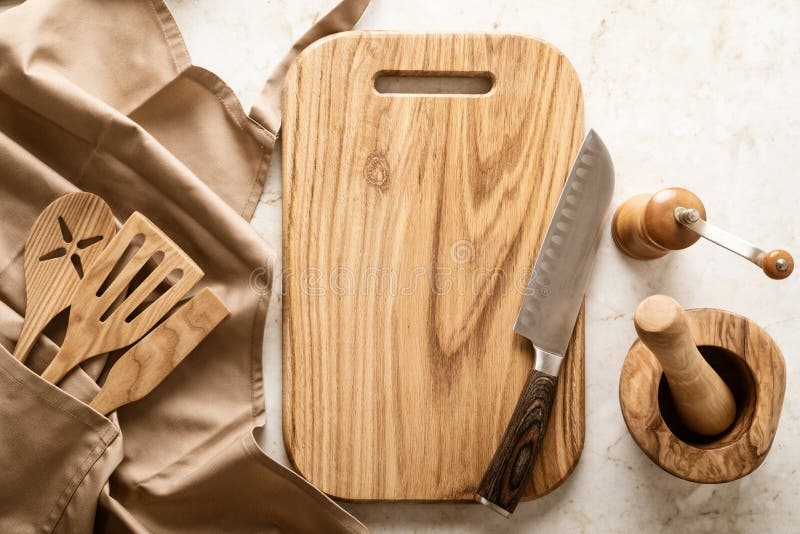 Culinary Background, Kitchen Utensils and Apron on Kitchen Countertop ...