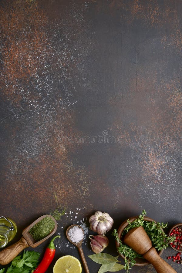 Culinary Background with Selection of Spices, Herbs and Greens.Top View ...