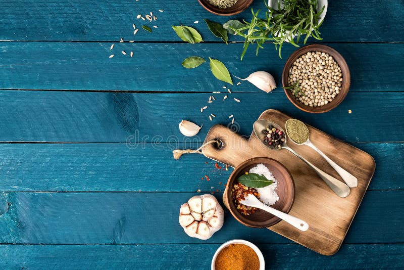 Culinary Background with Spices on Wooden Table Stock Photo - Image of ...