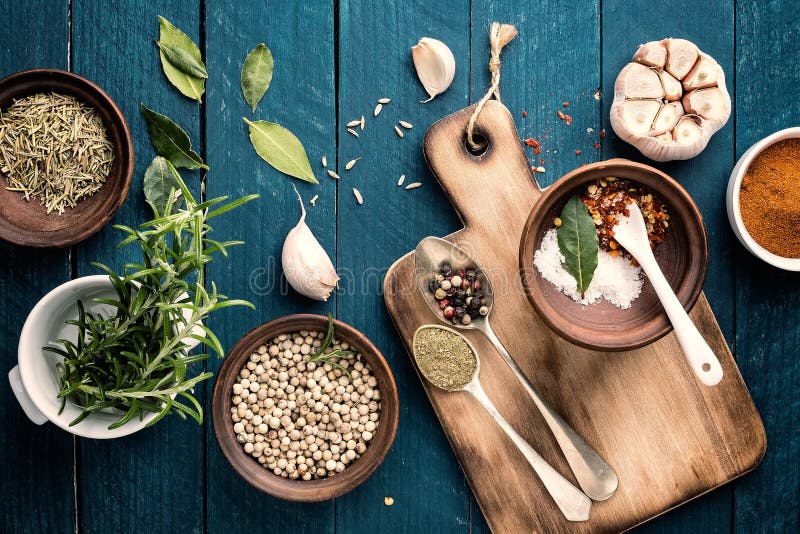Culinary Background with Spices on Wooden Table Stock Image - Image of ...