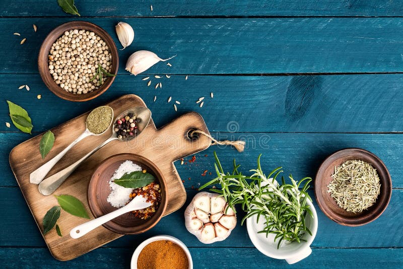 Culinary Background with Spices on Wooden Table Stock Photo - Image of ...