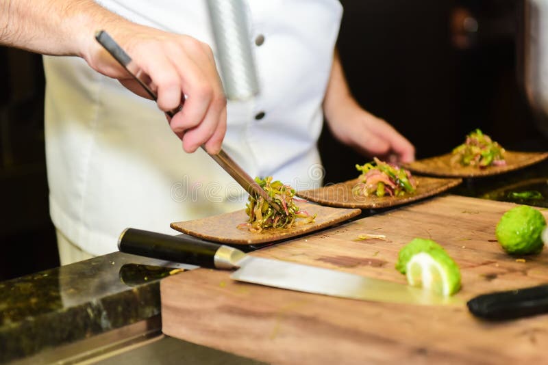 Culinary Chef Preparing Dish at Restaurant Stock Image - Image of lunch ...