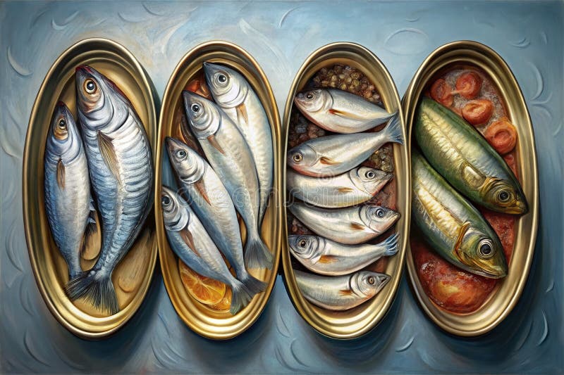 A Culinary Collection TopDown View of Assorted Canned Fish Salmon Tuna ...