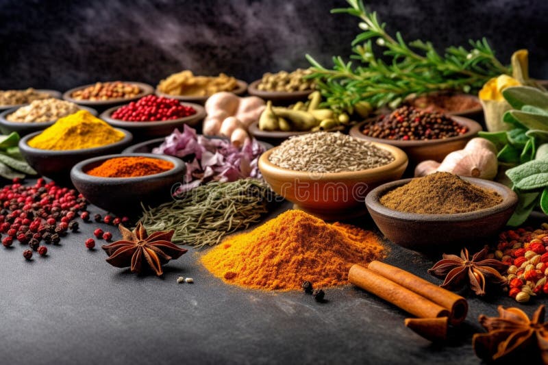 Culinary Essentials, Variety of Spices and Herbs on Stone Table Stock ...