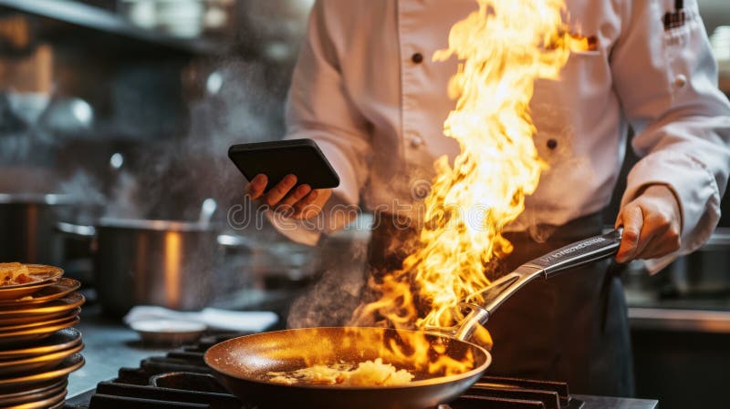 Culinary Expert Cooking with Fire, Filming a Tutorial in a Bustling ...