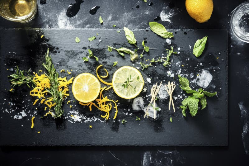 Culinary Garnish Board with Fresh Citrus Zest and Herb Decorations for ...