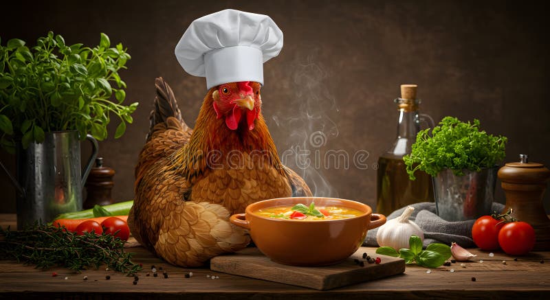 A Culinary Masterpiece: Hen Chef and Steaming Vegetable Soup Stock ...