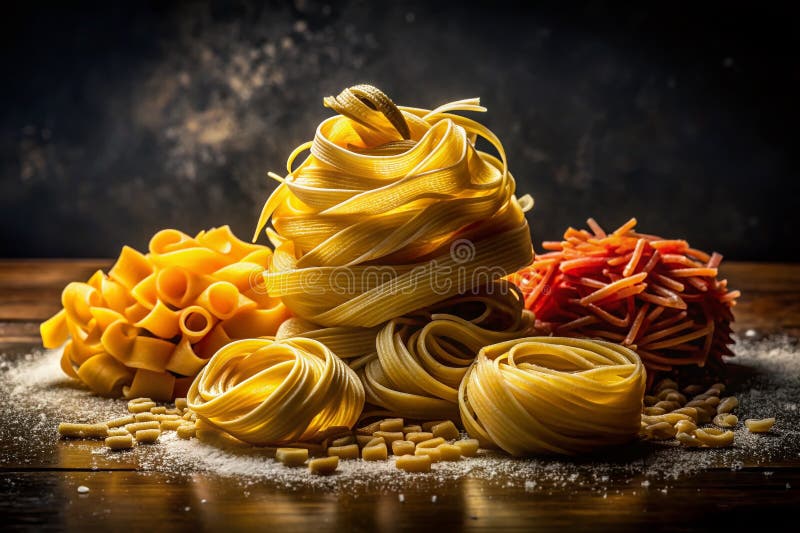 A Culinary Night Scene Intricate Stacked Pasta Illuminated by Subtle Gloom Showcasing Three ...