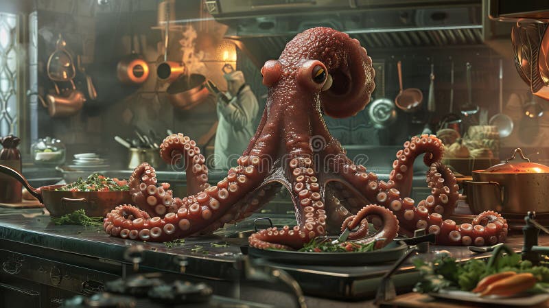 Culinary Octopus Adventure in a Rustic Kitchen Stock Illustration ...