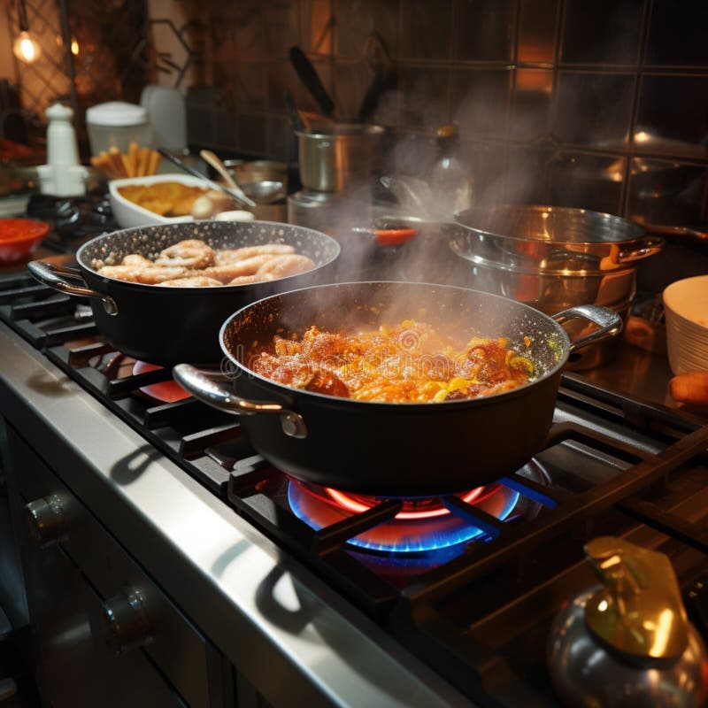 Culinary Performance Pots at Work on the Kitchen Gas Stove Stock ...
