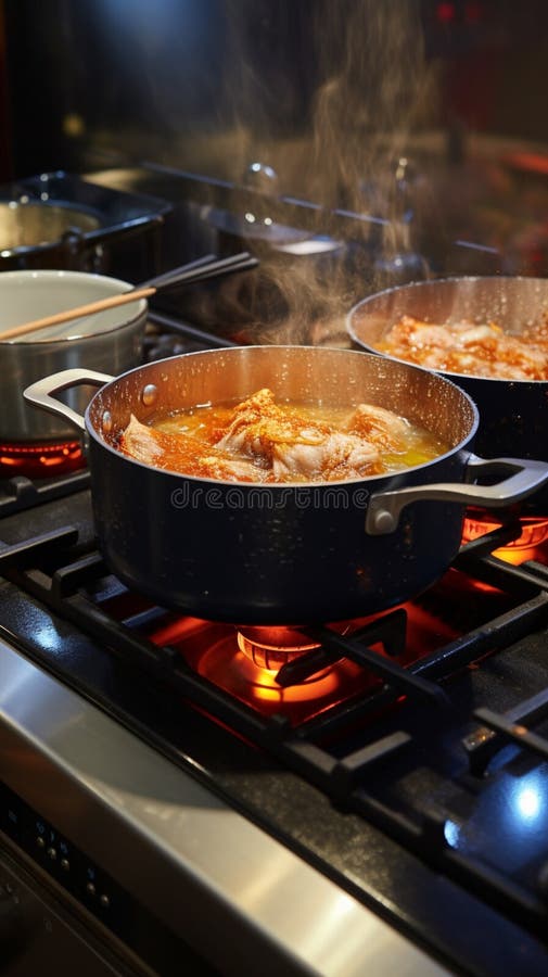 Culinary Performance Pots at Work on the Kitchen Gas Stove Stock ...