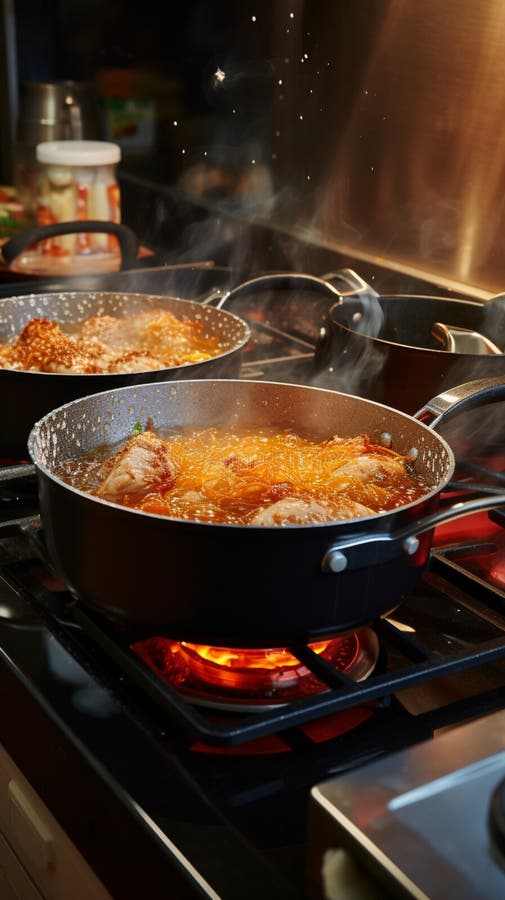 Culinary Performance Pots at Work on the Kitchen Gas Stove Stock ...
