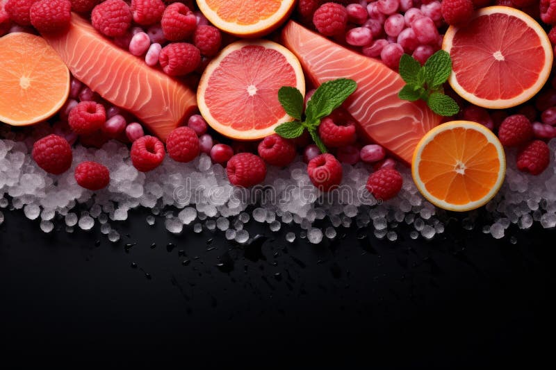 Culinary Photo of Assorted Berries, Fruits and Red Fish in Red ...
