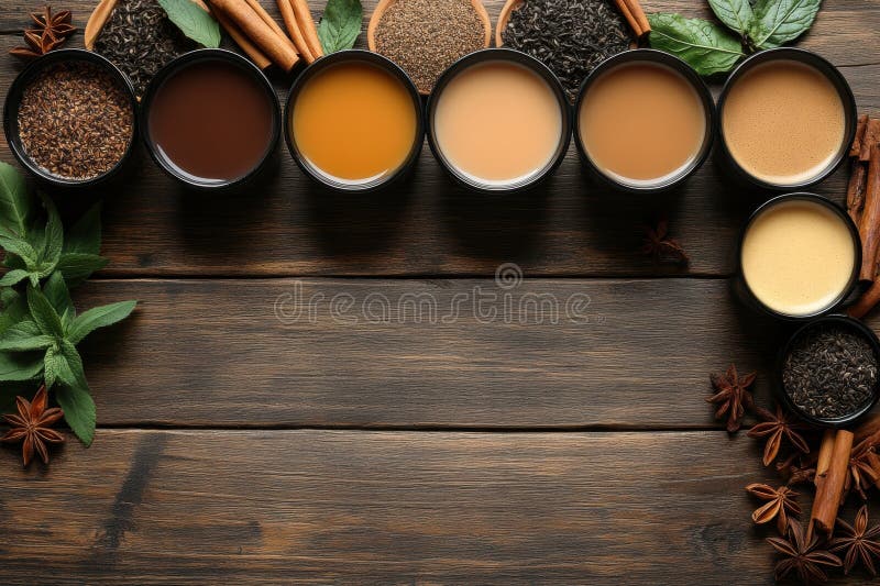 Culinary Presentation, Masala Chai Display on a Wooden Table with Space ...