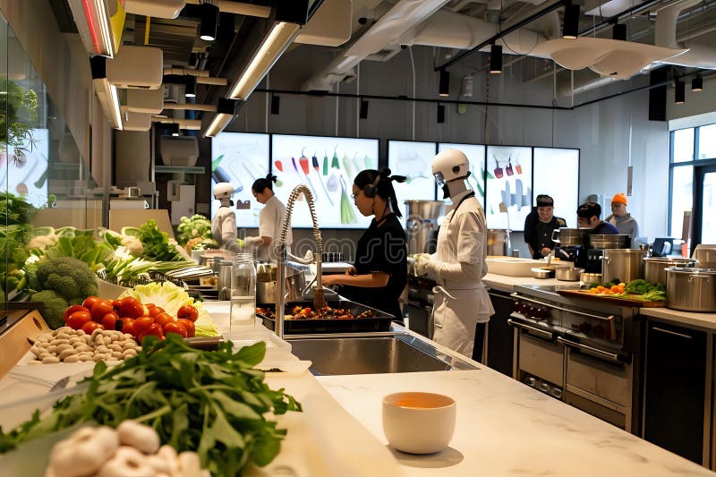 Culinary Robots Prepare Delicious Meals in Modern Kitchen, Automated ...