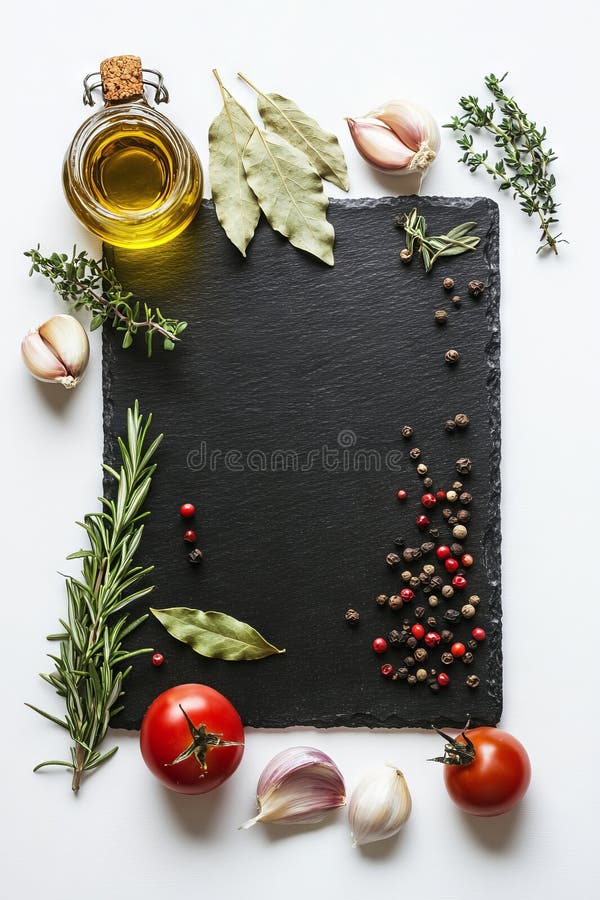 A Culinary Scene Featuring a Kitchen Slate Board, Herbs, and Various ...