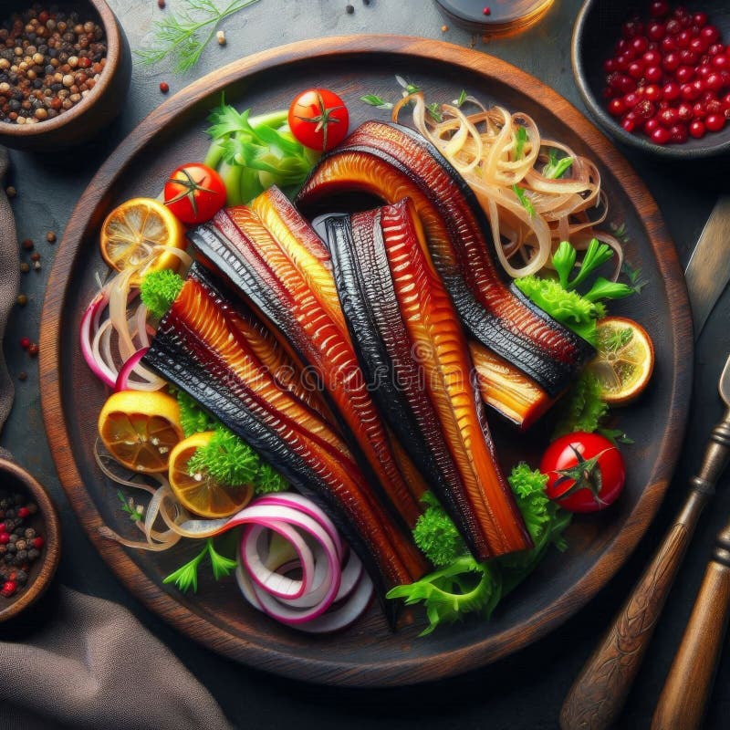 A Culinary Scene Showcasing a Dish with Beautifully Arranged Smoked Eel ...