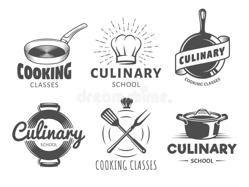 Vector Kitchen Logo Set. 5 Vintage Cooking Class Emblems. Cook and Food ...