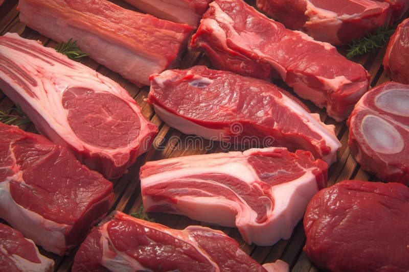 Culinary Selection Assorted Raw Meat Cuts Presented in a Variety Stock ...