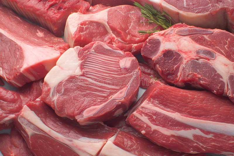 Culinary Selection Assorted Raw Meat Cuts Presented in a Variety Stock ...